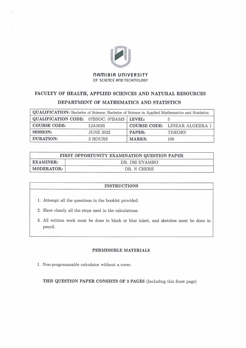 LIA502S - LINEAR ALGEBRA 1 - 1ST OPP - JUNE 2022 :: NUST past ...