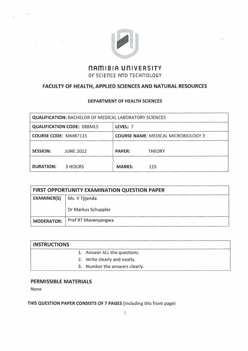 MMB711S - MEDICAL MICROBIOLOGY 3 - 1ST OPP - JUNE 2022 :: NUST past ...