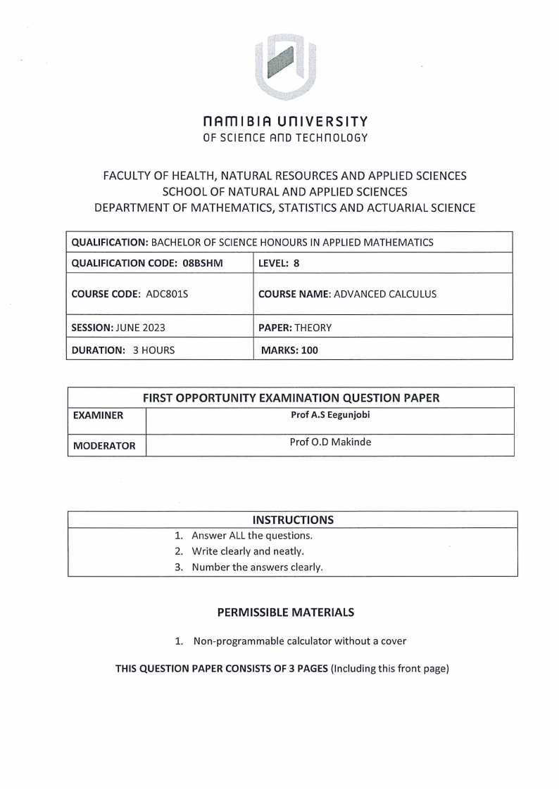 ADC801S - ADVANCE CALCULUS - 1ST OPP - JUNE 2023 :: NUST past ...