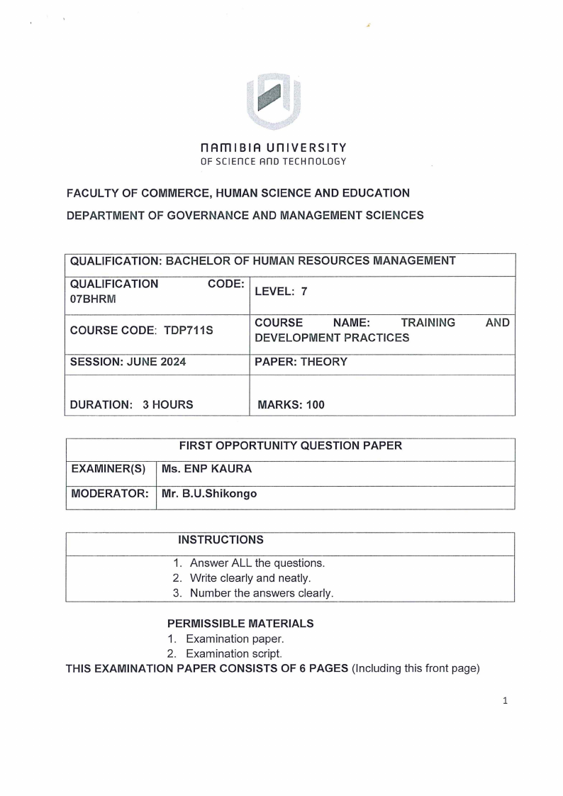 TDP711S - TRAINING DEVELOPMENT PRACTICES - 1ST OPP - JUNE 2024 :: NUST ...