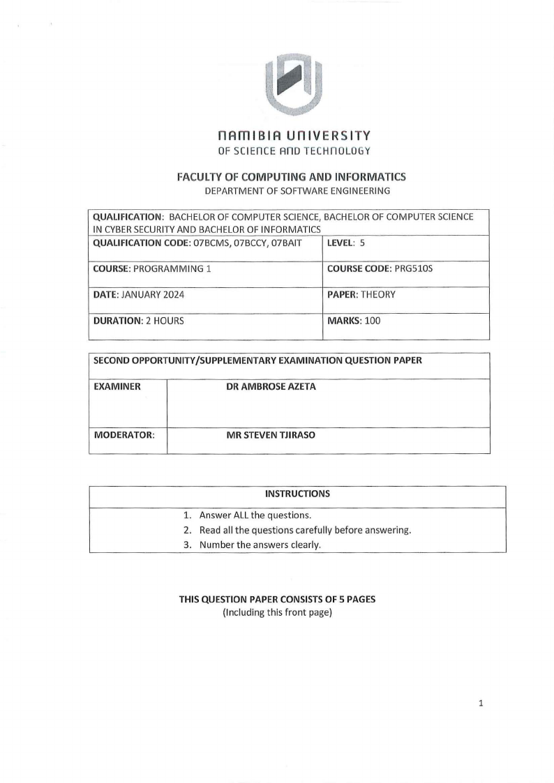 PRG510S - PROGRAMMING 1 - 2ND OPP - JAN 2024 :: NUST past examination ...