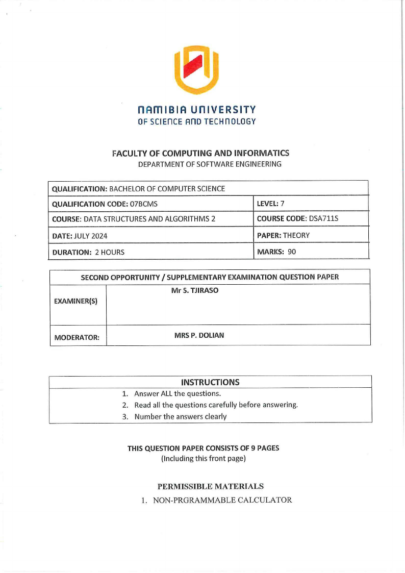 DSA711S - DATA STRUCTURES AND ALGORITHMS 2 - 2ND OPP - JULY 2024 ...