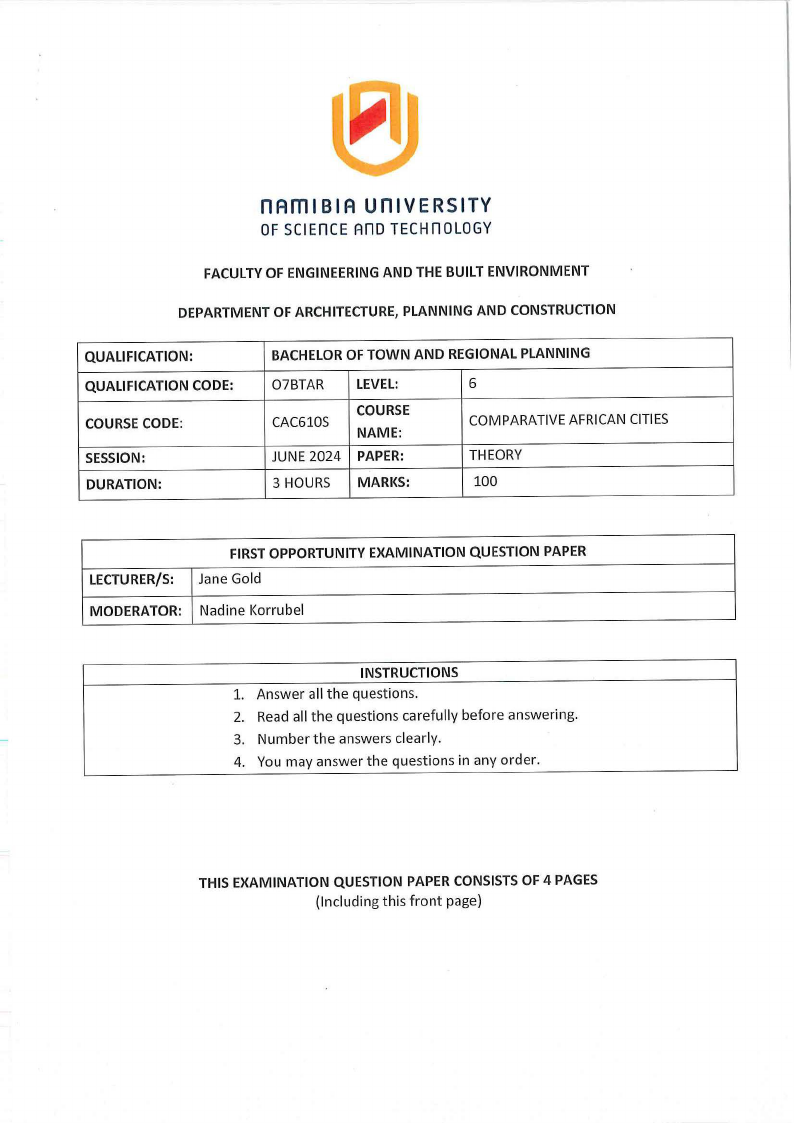 CAC610S - COMPARATIVE AFRICAN CITIES - 1ST OPP - JUNE 2024 :: NUST past examination papers ...