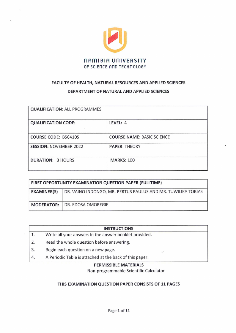 BSC410S - BASIC SCIENCE 2 - 1ST OPP - NOV 2022 :: NUST past examination ...