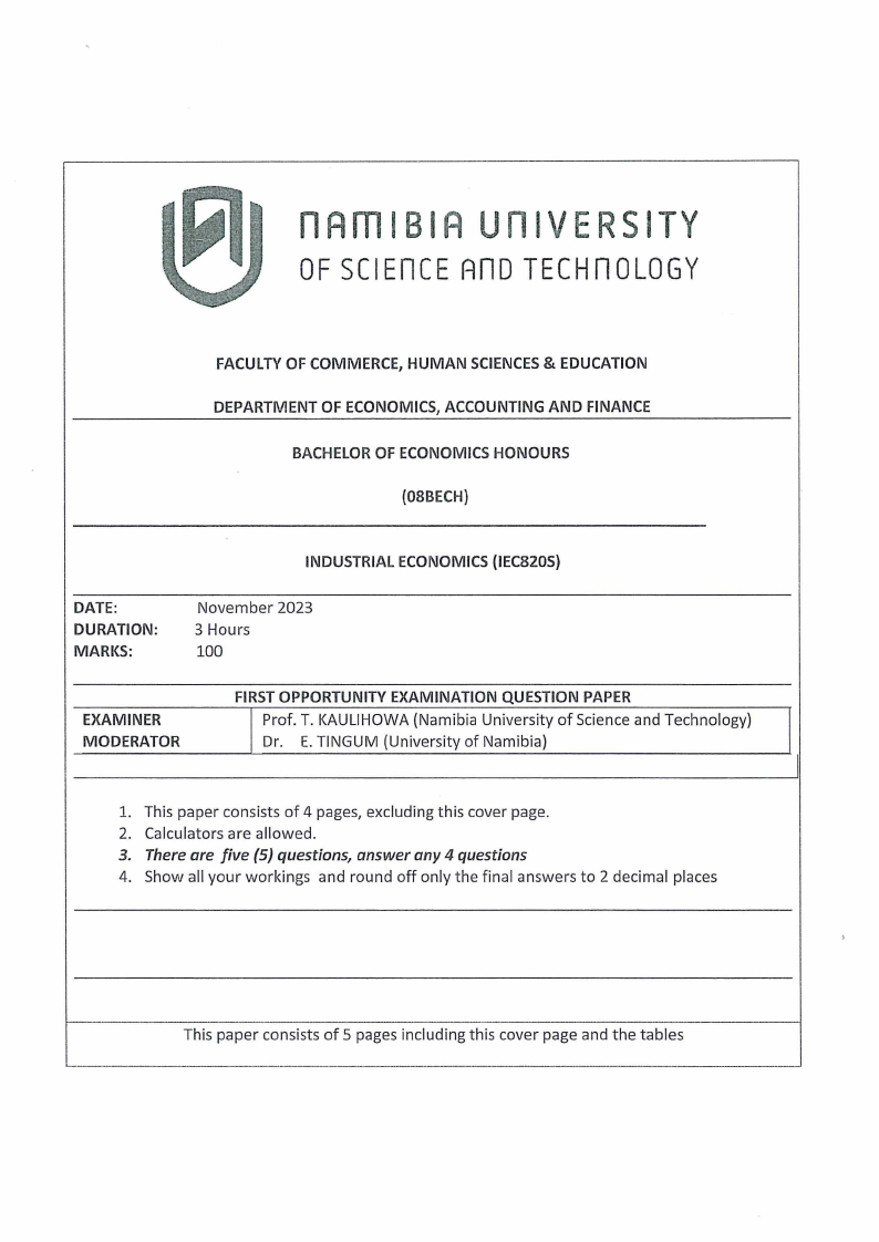 IEC820S- INDUSTRIAL ECONOMICS- 1ST OPP- NOV 2023 :: NUST past ...