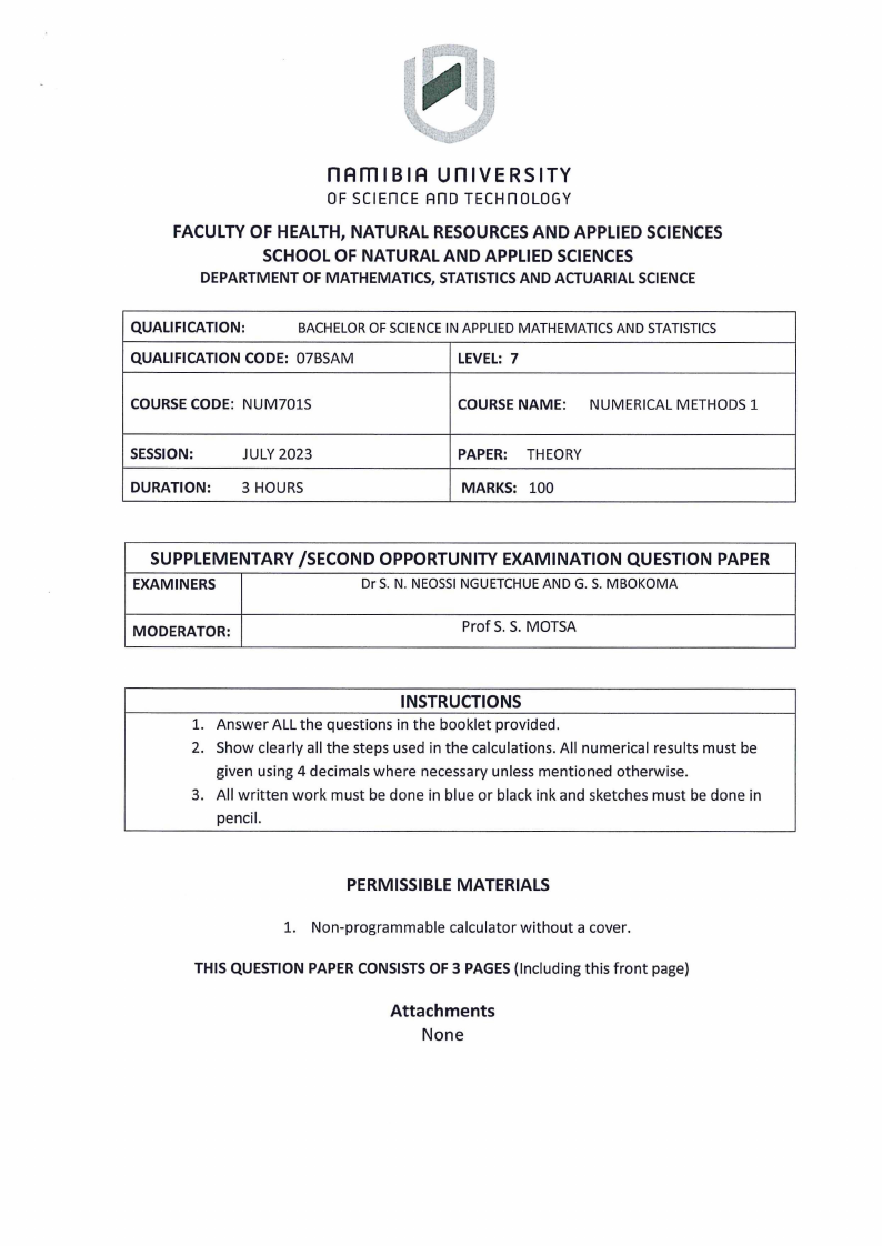 NUM701S - NUMERICAL METHODS - 2ND OPP - JULY 2023 :: NUST past ...