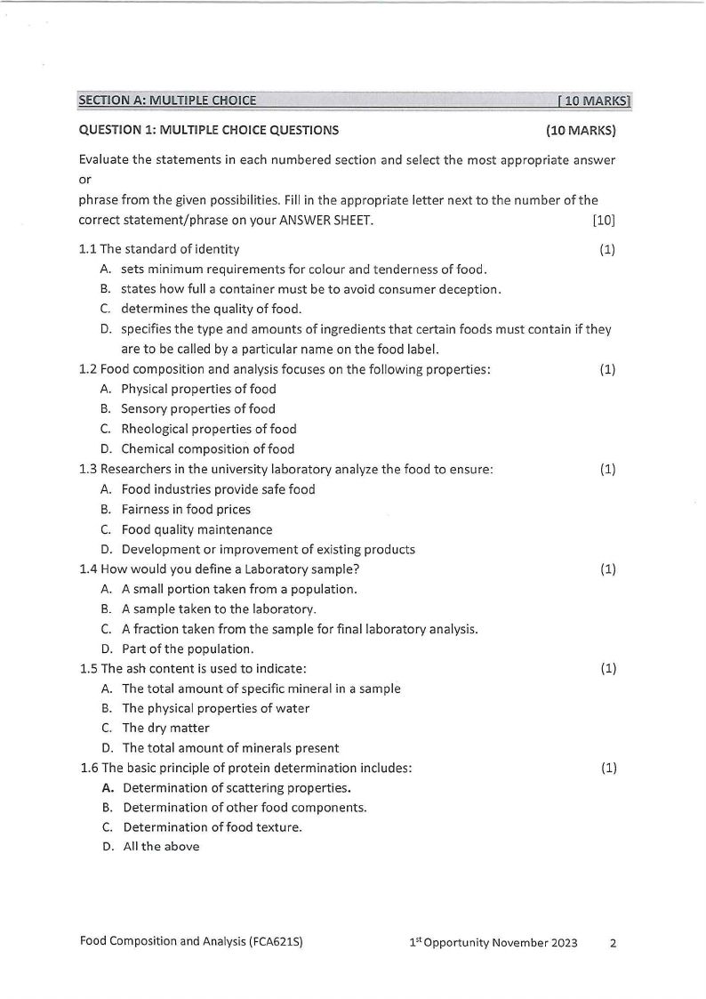 FCA621S - FOOD COMPOSITION AND ANALYSIS - 2ND OPP - JANUARY 2024 ...