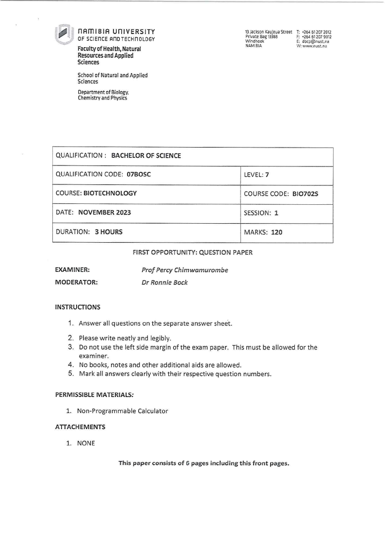 BIO702S - BIOTECHNOLOGY - 1ST OPP - NOVEMBER 2023.pdf :: NUST past examination papers between ...