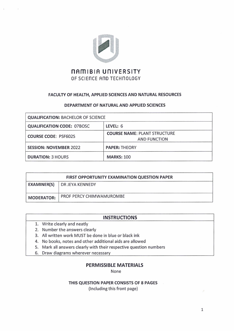PSF602S - PLANT STRUCTURE AND FUNCTION - 1ST OPP -NOV 2022 :: NUST past ...