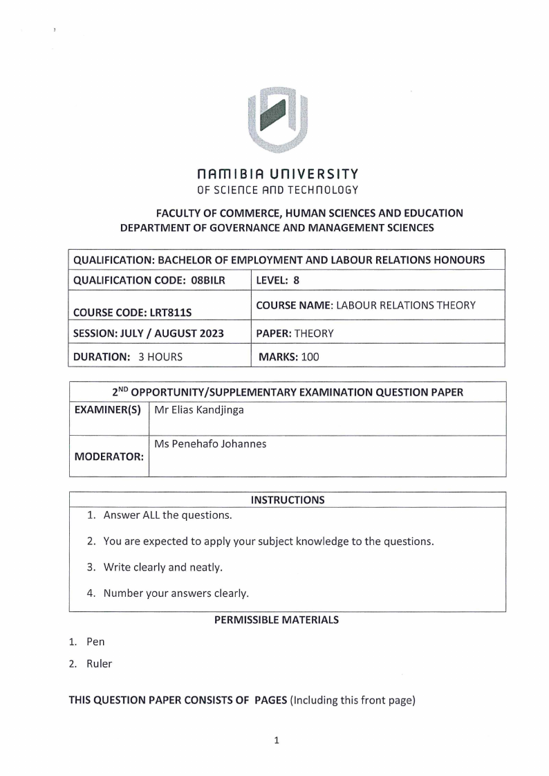 LRT811S - Labour Relations Theory - 2nd OPP - JUN 2023 :: NUST past ...