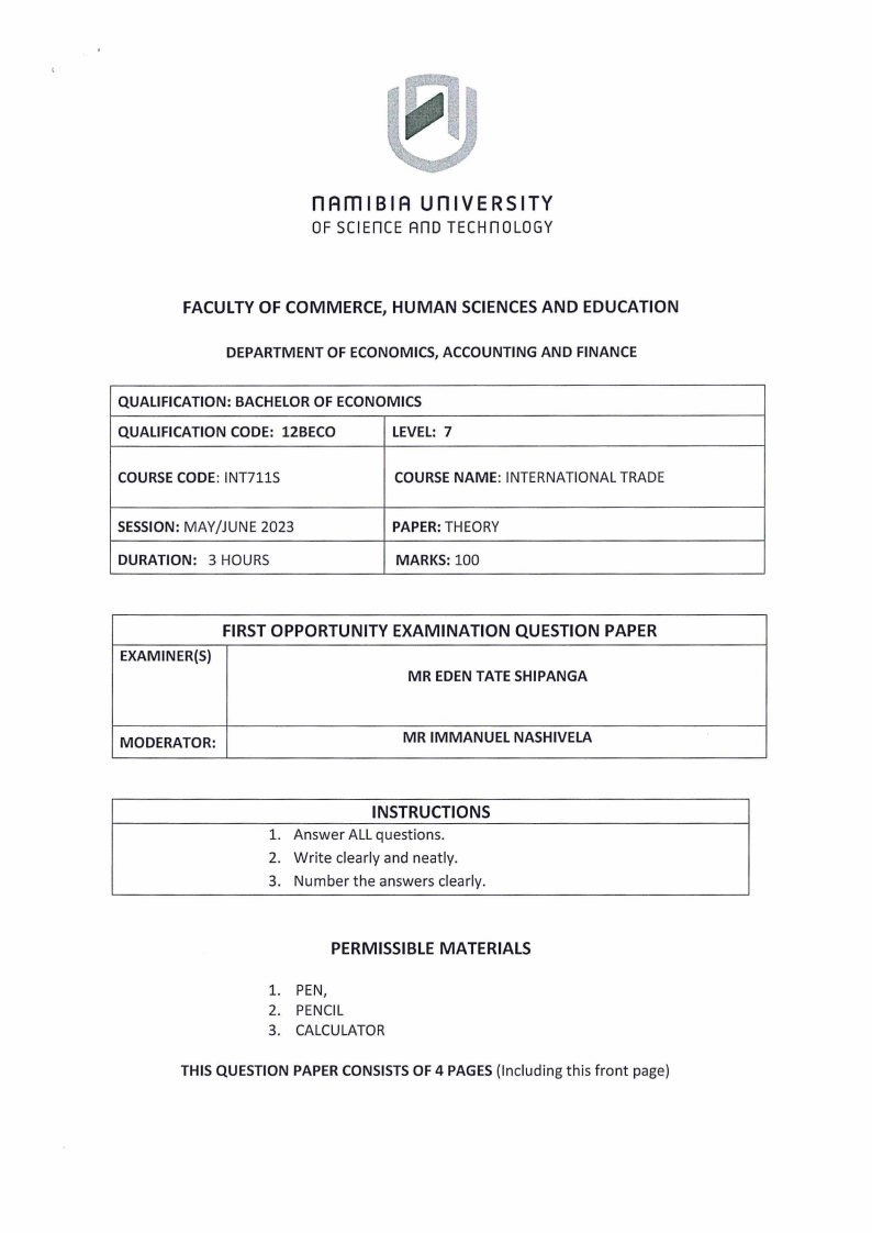 INT711S- INTERNATIONAL TRADE- 1ST OPP- JUNE 2023 :: NUST past ...