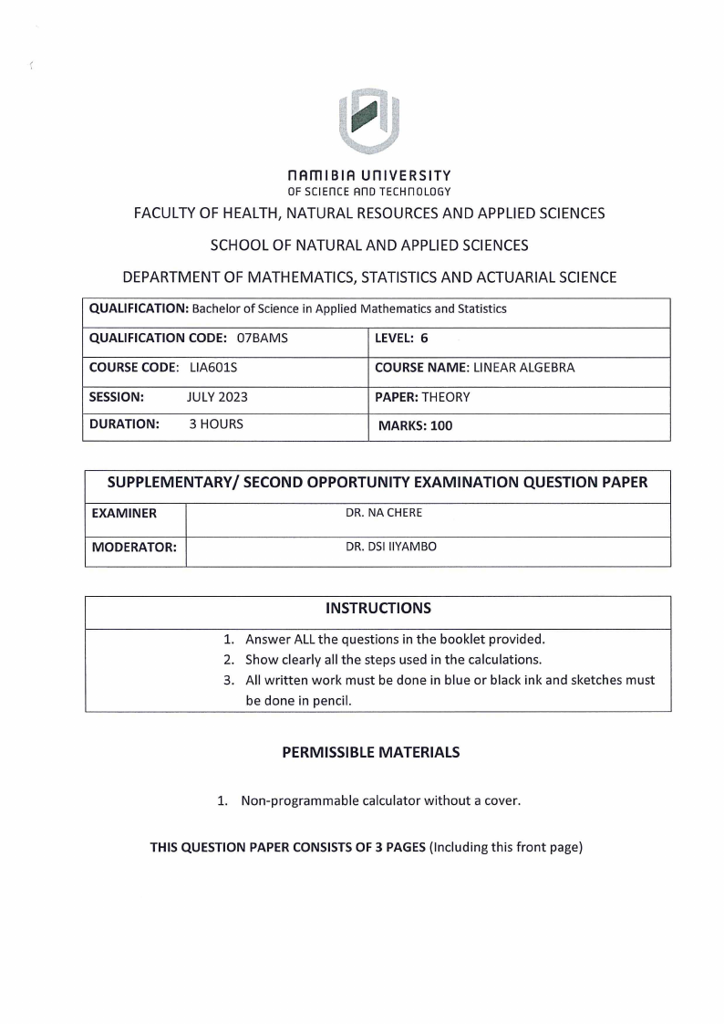 LIA601S - LINEAR ALGEBRA - 2ND OPP - JULY 2023 :: NUST past examination ...