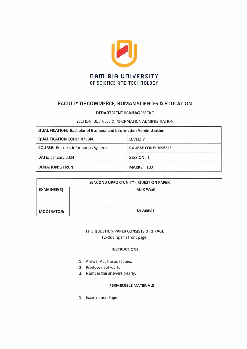 BIS621S - BUSINESS INFORMATION SYSTEMS 2B - 2ND OPP - JANUARY 2024 ...