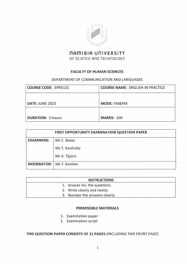 EPR511S - ENGLISH IN PRACTICE - 1ST OPP - JUNE 2023 :: NUST past ...
