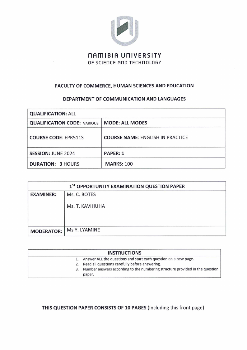 EPR511S - ENGLISH IN PRACTICE - 1ST OPP - JUNE 2024 :: NUST past ...