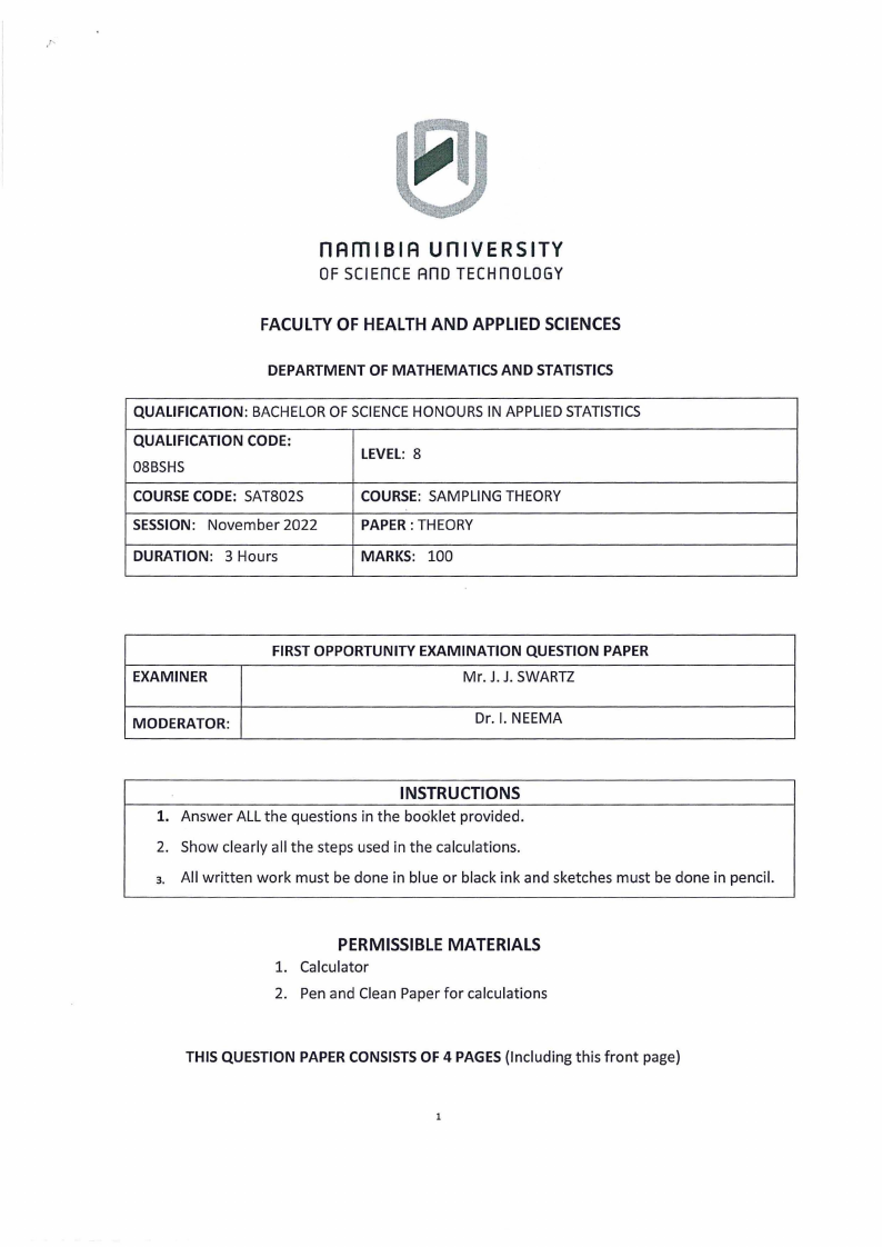 SAT802S - SAMPLING THEORY - 1ST OPP - NOV 2022 :: NUST past examination ...
