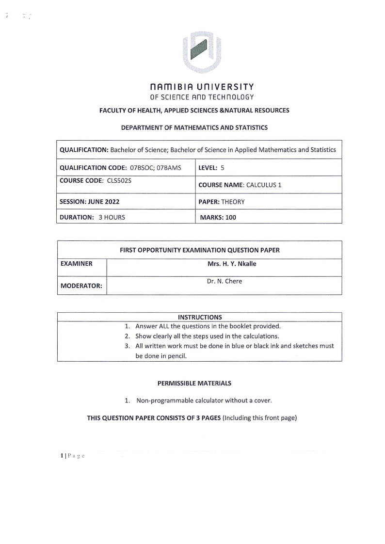 CLS502S - CALCULUS 1 - 1ST OPP - JUNE 2022 :: NUST past examination ...