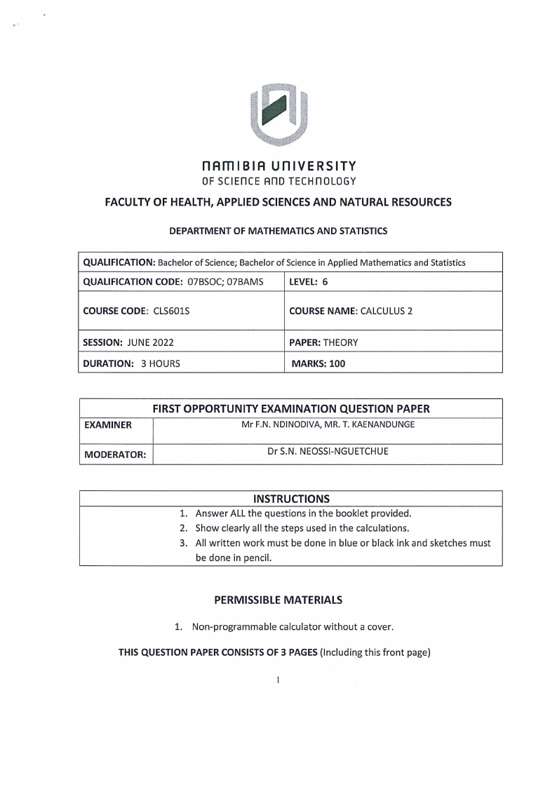 CLS601S - CALCULUS 2 - 1ST OPP - JUNE 2022 :: NUST past examination ...