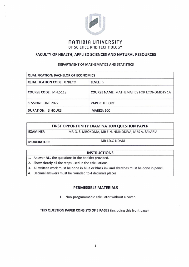 MFE511S - MATHEMATICS FOR ECONOMISTS 1A - 1ST OPP - JUNE 2022 :: NUST ...