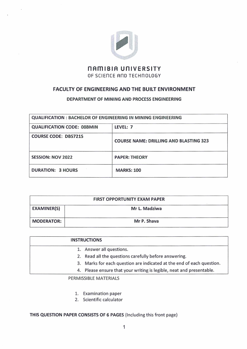 DBS721S - Drilling and Blasting 324 - 1st Opp - Nov 2022 :: NUST past ...