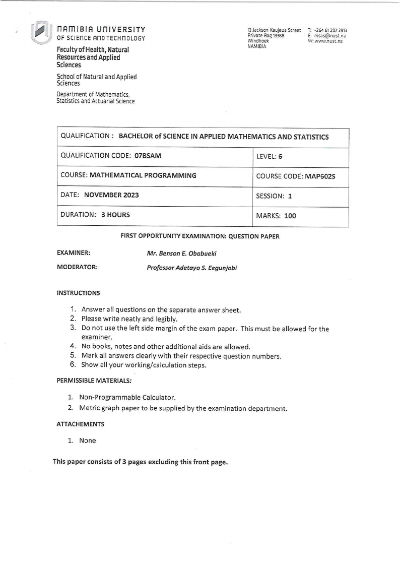 MAP602S - MATHEMATICAL PROGRAMMING - 1ST OPP - NOVEMBER 2023 :: NUST ...