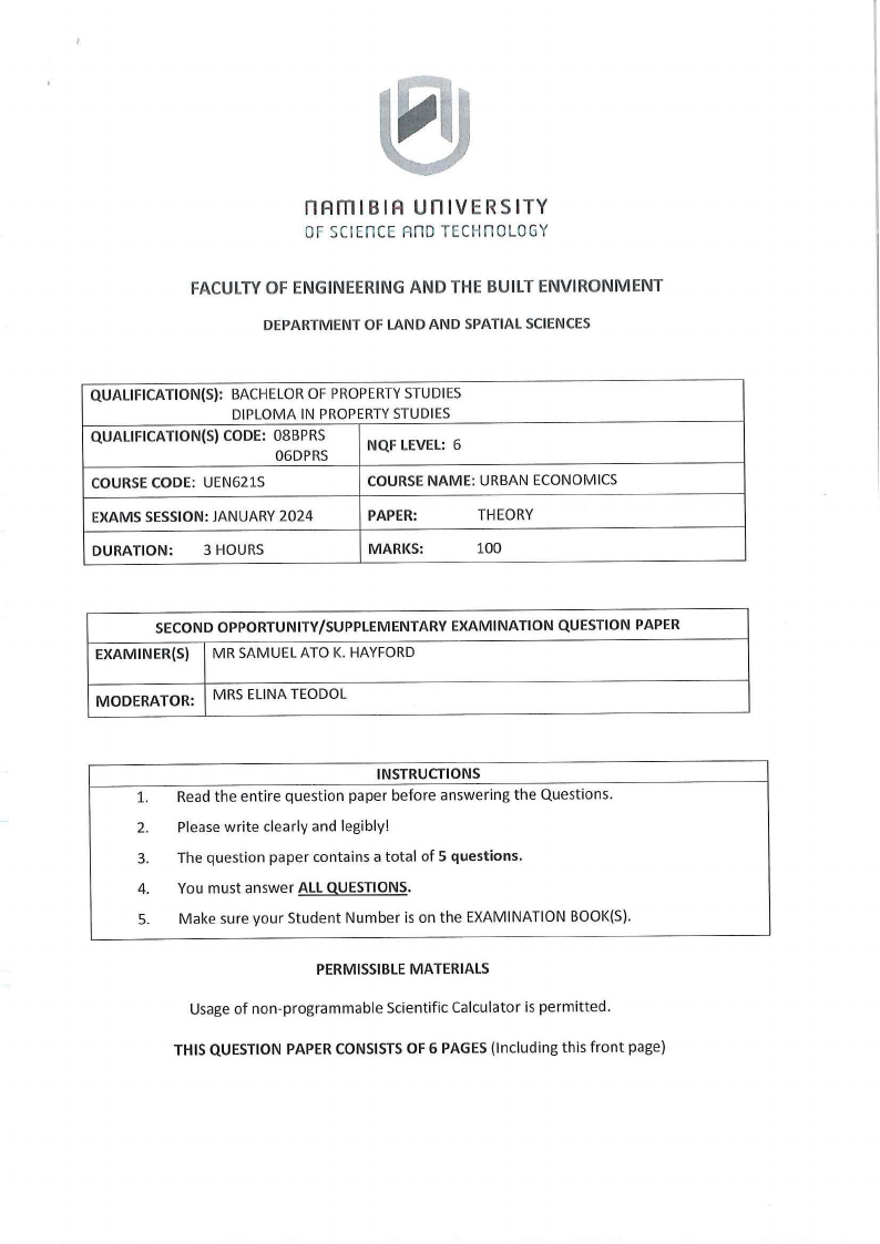 UEN621S - URBAN ECONOMICS - 2ND OPP - JAN 2024 :: NUST past examination ...
