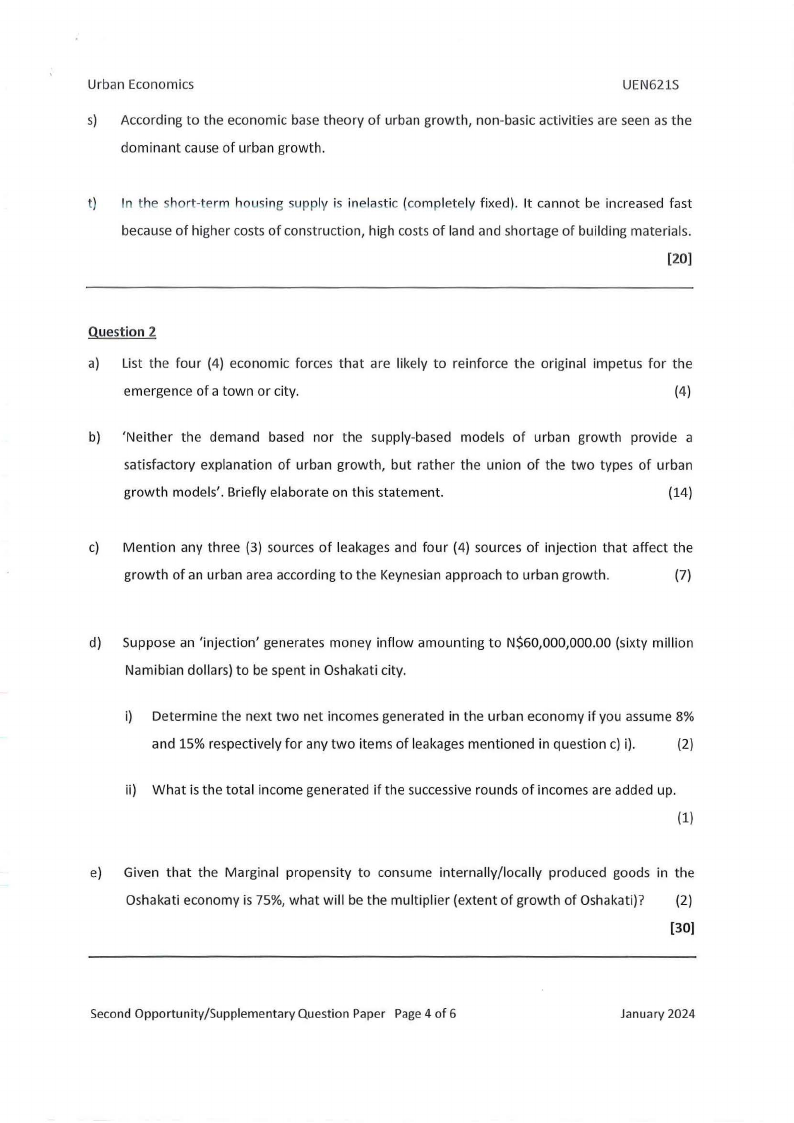 UEN621S - URBAN ECONOMICS - 2ND OPP - JAN 2024 :: NUST past examination ...