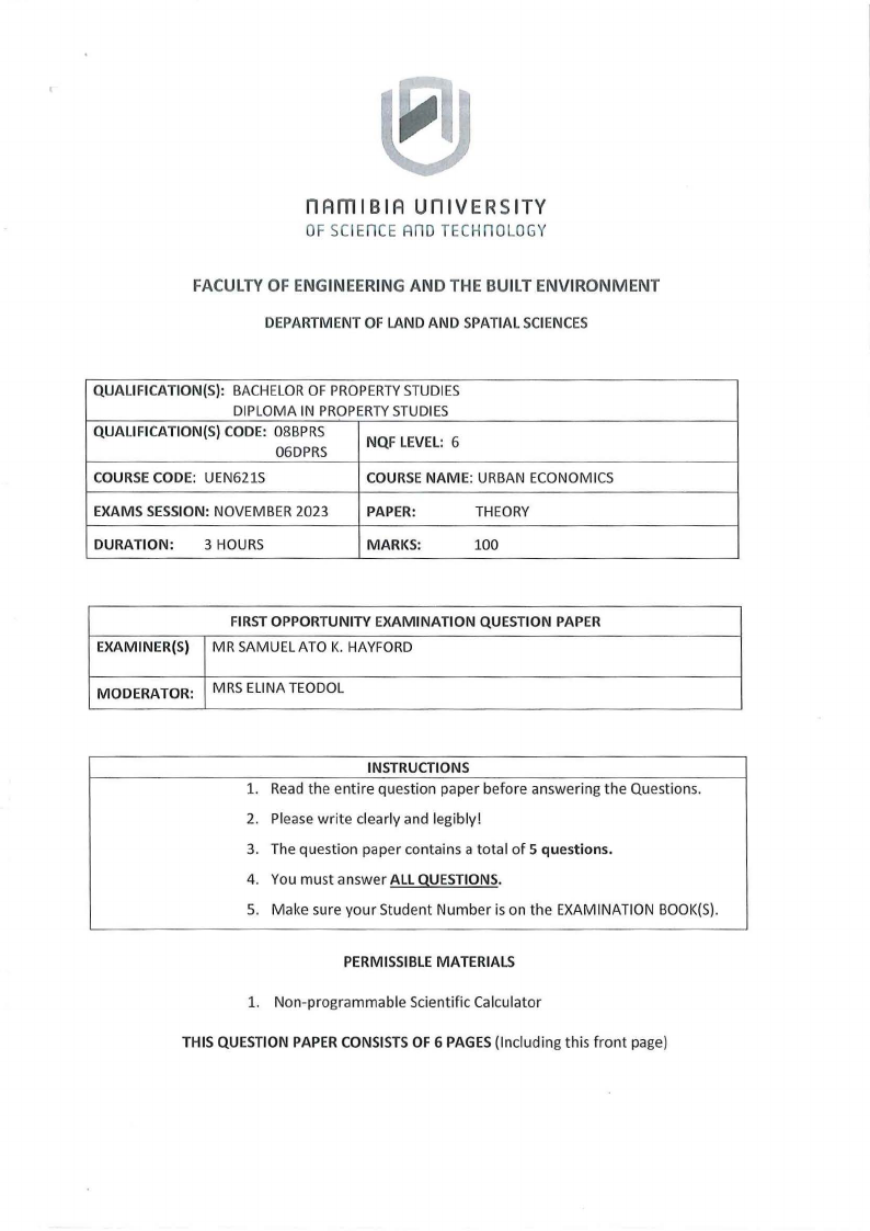 UEN621S - URBAN ECONOMICS - 1ST OPP - NOV 2023 :: NUST past examination ...