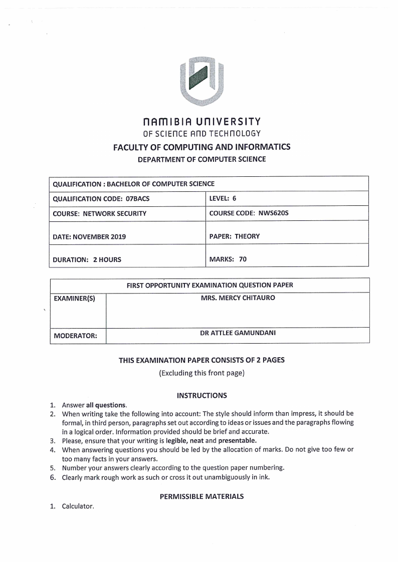 NWS620S - NETWORK SECURITY - 1ST OPP - NOV 2020 :: NUST past ...
