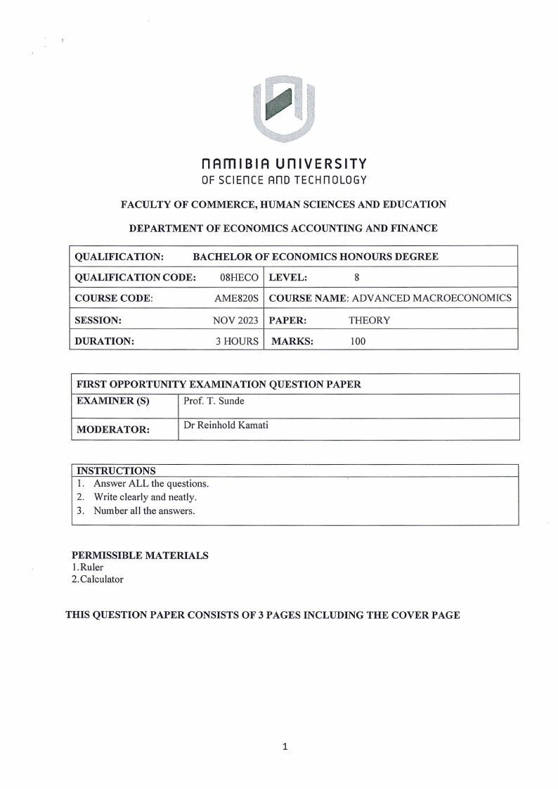AME820S- ADVANCED MACROECONOMICS- 1ST OPP- NOV 2023 :: NUST past examination papers between 2020 ...