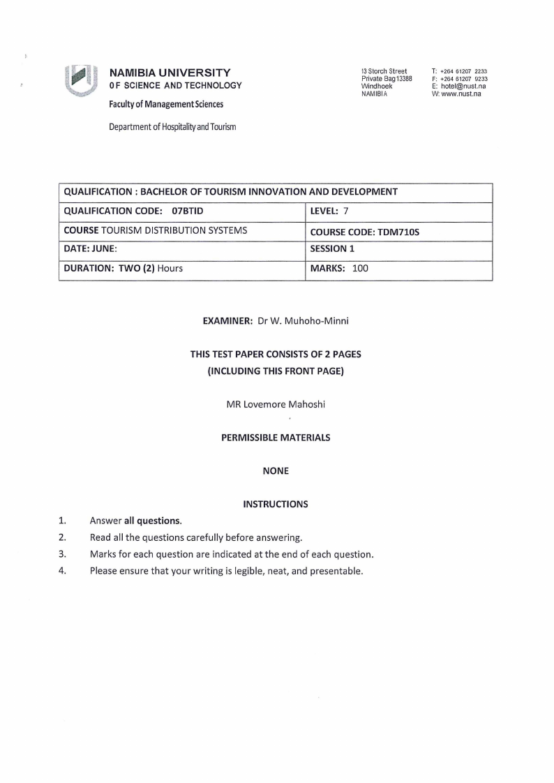 TDM710S - TOURSIM DISTRIBUTION SYSTEMS - 1ST OPP - JUNE 2022 :: NUST ...