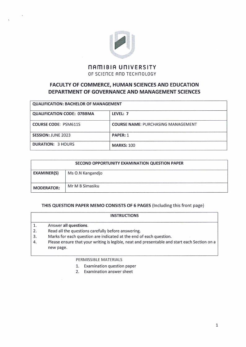 PSM611S - Purchasing Management - 2nd OPP - JUN 2023 :: NUST past ...