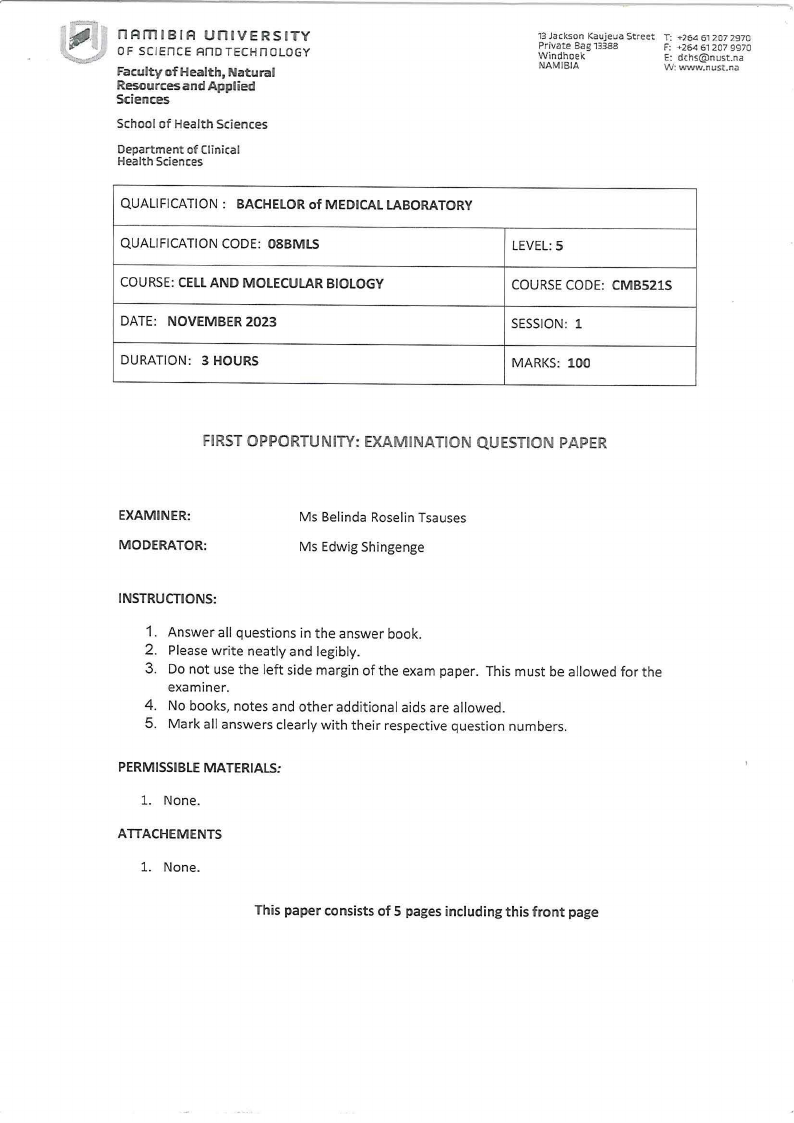 CMB521S - CELL AND MOLECULAR BIOLOGY - 1ST OPP - NOVEMBER 2023 :: NUST ...
