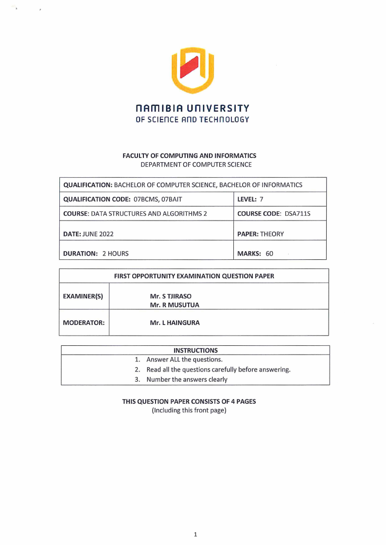 DSA711S - DATA STRUCTURES and ALGORITHMS 2 - 1ST OPP - JUNE 2022 ...