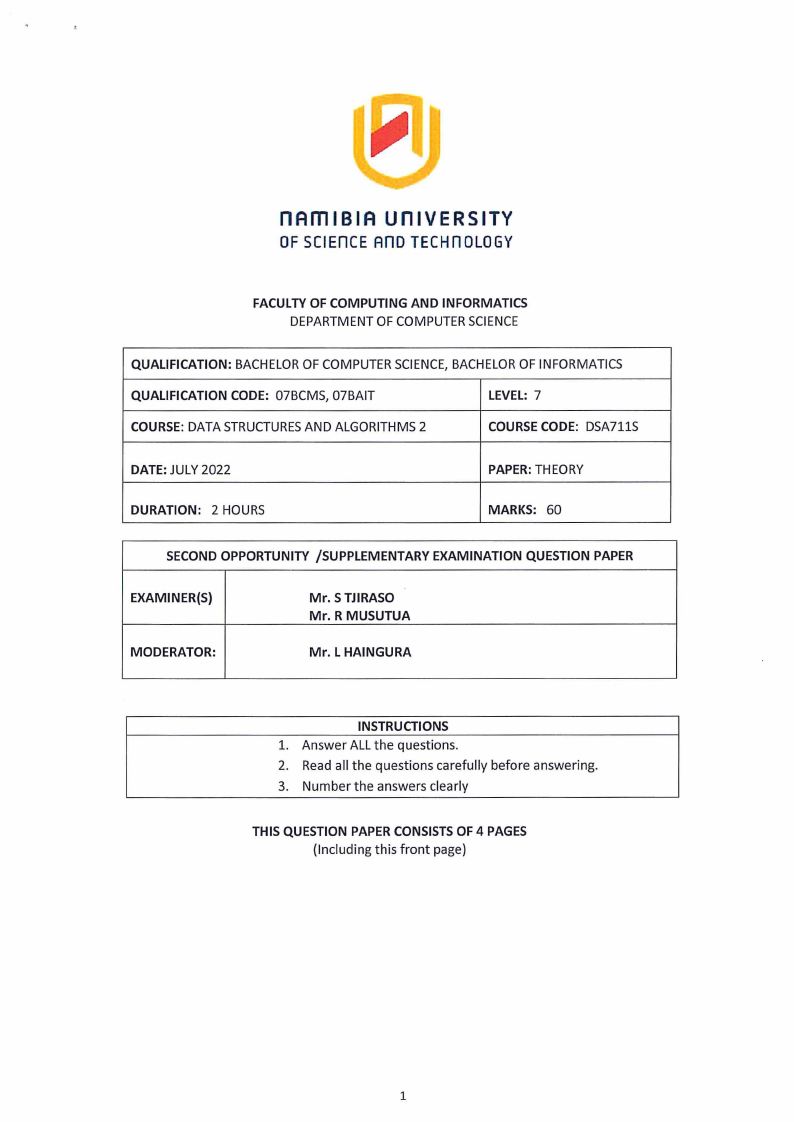 DSA711S - DATA STRUCTURES and ALGORITHMS 2 - 2ND OPP - JULY 2022 ...