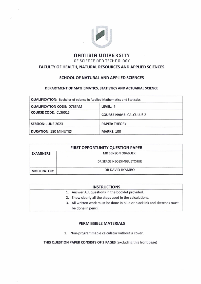 CLS601S - CALCULUS 2 - 1ST OPP - JUNE 2023 :: NUST past examination ...