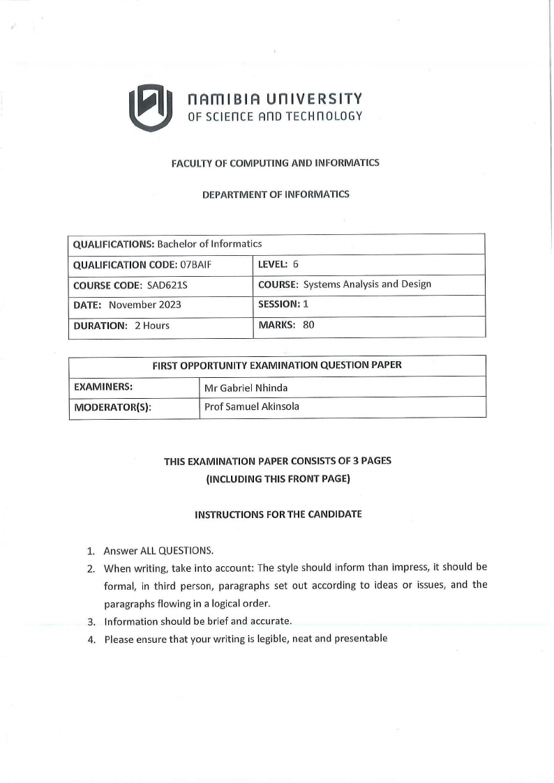 SAD621S - SYSTEMS ANALYSIS AND DESIGN - 1ST OPP - NOV 2023 :: NUST past ...