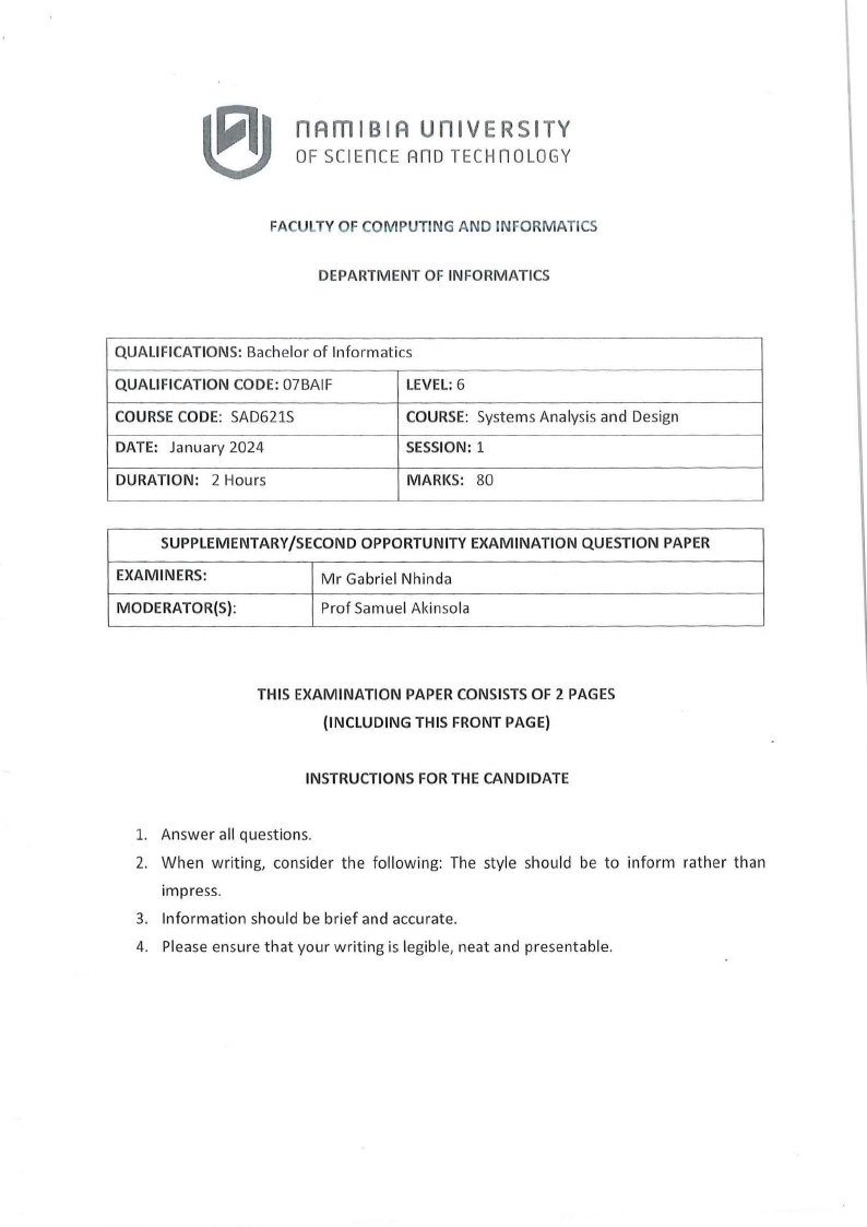 SAD621S - SYSTEMS ANALYSIS AND DESIGN - 2ND OPP - JAN 2024 :: NUST past ...