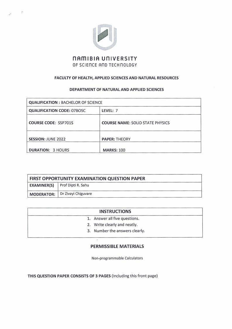 SSP701S - SOLID STATE PHYSICS - 1ST OPP - JUNE 2022 :: NUST past ...