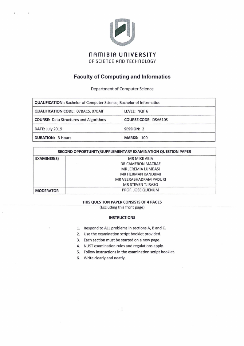 DSA610S - DATA STRUCTURES AND ALGORITHMS - JULY 2019 - 2ND OPP :: NUST ...