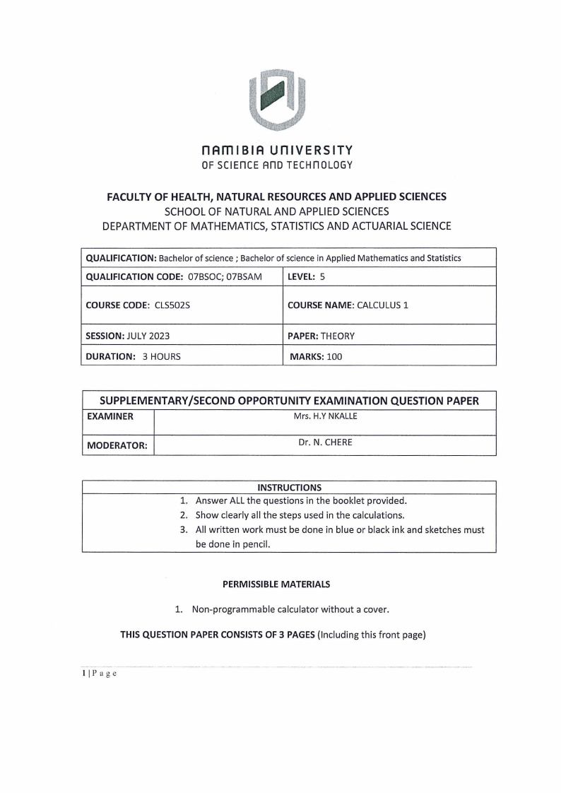 CLS502S - CALCULUS 1 - 2ND OPP - JULY 2023 :: NUST past examination ...