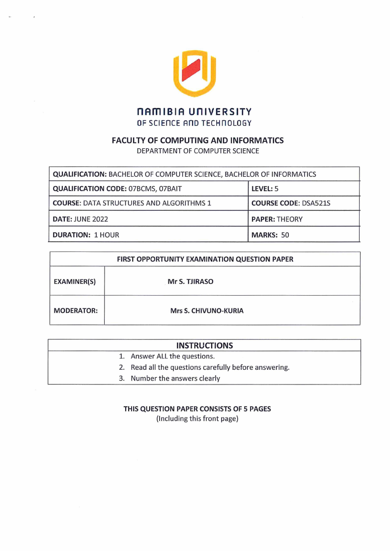 DSA521S - DATA STRUCTURES AND ALGORITHMS 1 - 1ST OPP - JUNE 2022 ...