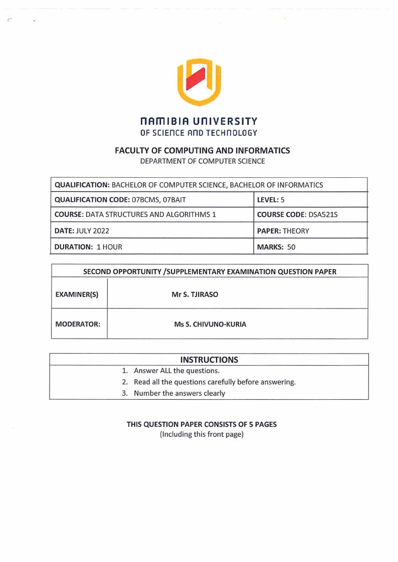 DSA521S - DATA STRUCTURES AND ALGORITHMS 1 - 2ND OPP - JULY 2022 ...