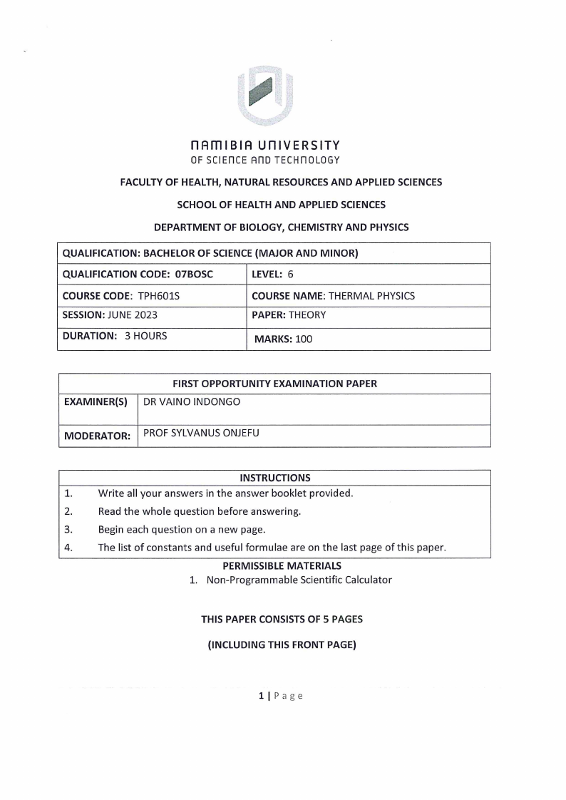 TPH601S - THERMAL PHYSICS - 1ST OPP- JUNE 2023 :: NUST past examination ...