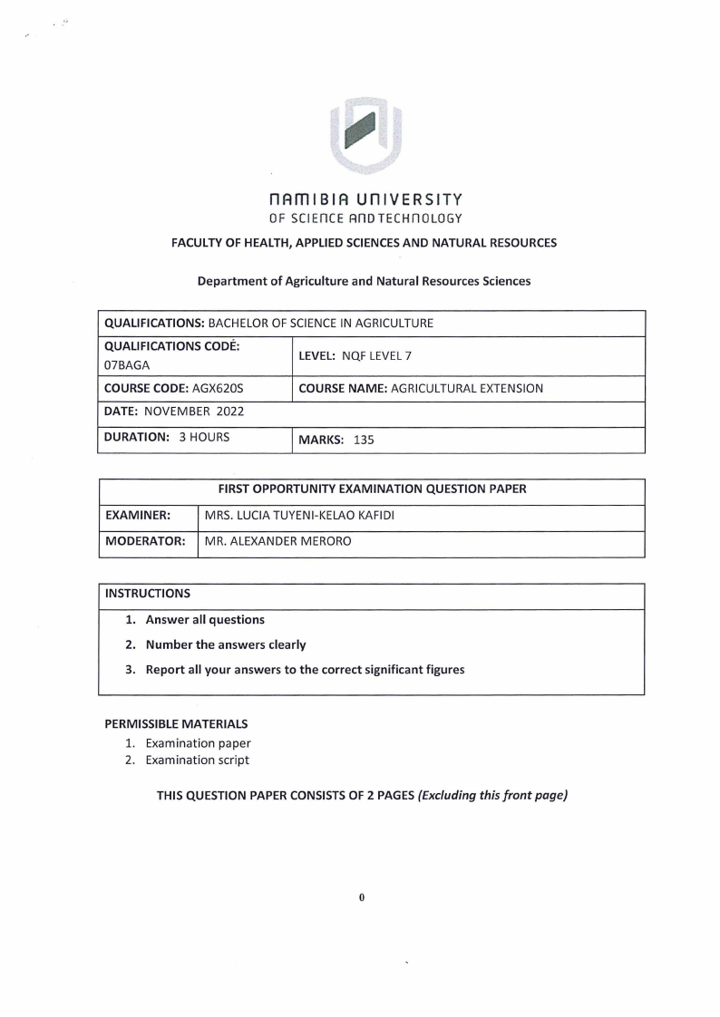 AGX620S - AGRICULTURAL EXTENSION - 1ST OPP - NOV 2022 :: NUST past ...