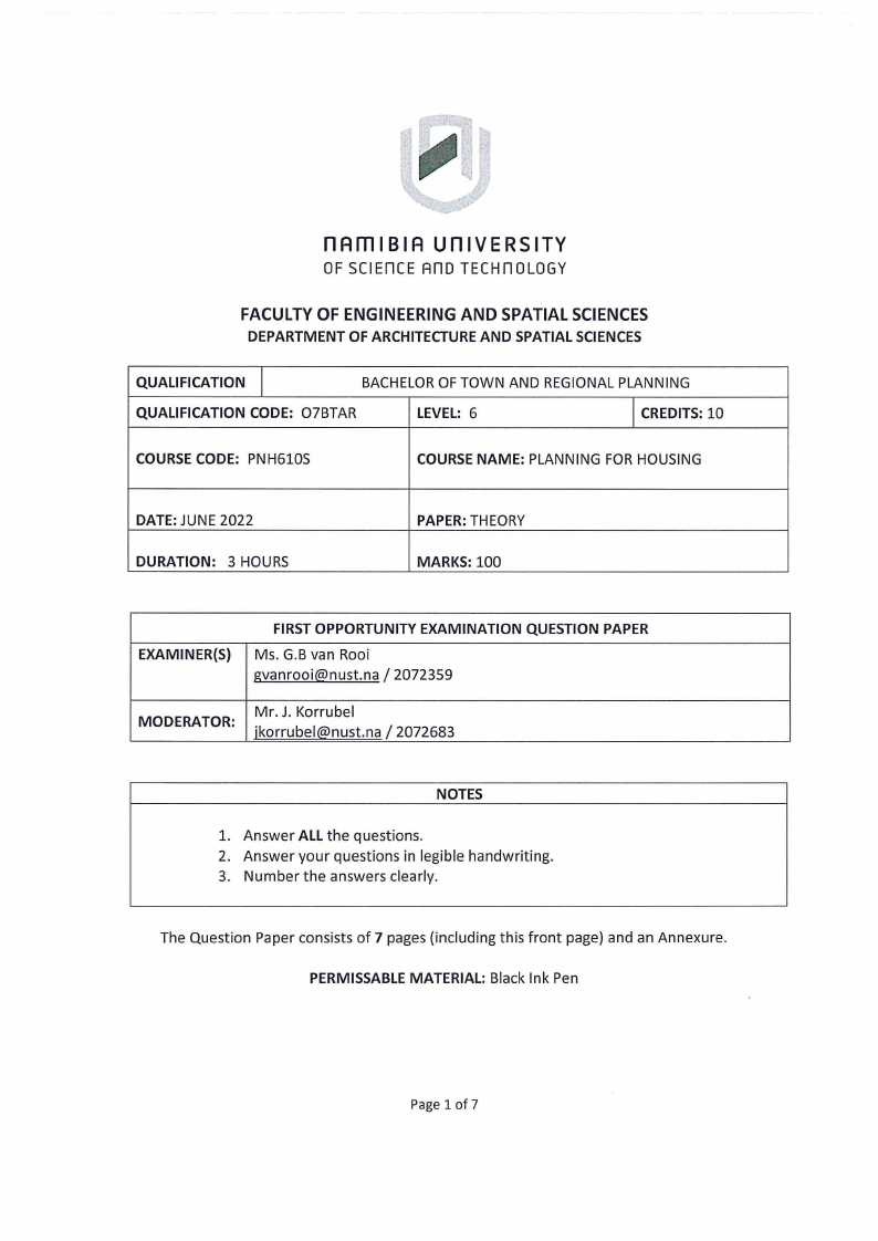 PNH610S - PLANNING FOR HOUSING - 1ST OPP - JUNE 2022 :: NUST past ...