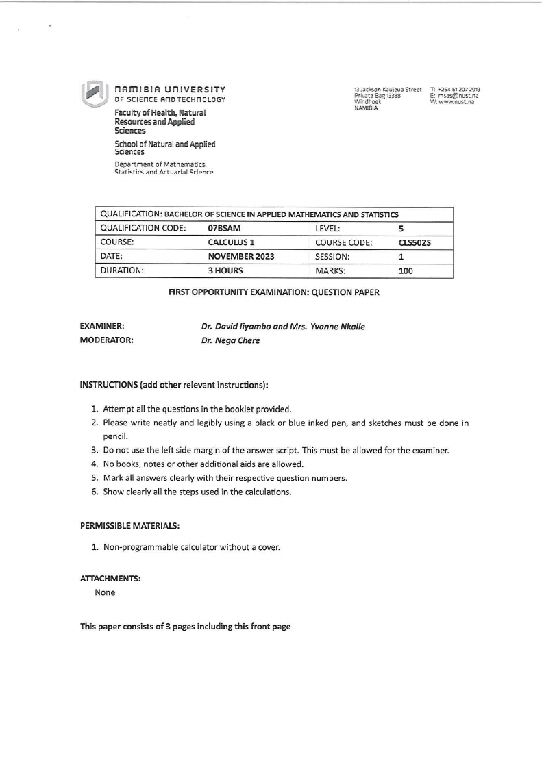 CLS502S - CALCULUS 1 - 1ST OPP - NOVEMBER 2023 :: NUST past examination ...