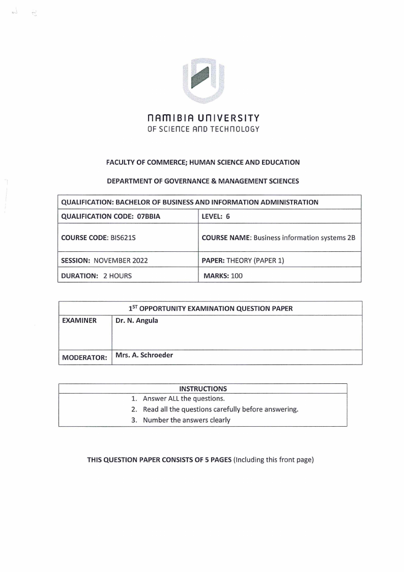 BIS621S - BUSINESS INFORMATION SYSTEMS 2B - 1ST OPP - NOVEMBER :: NUST ...