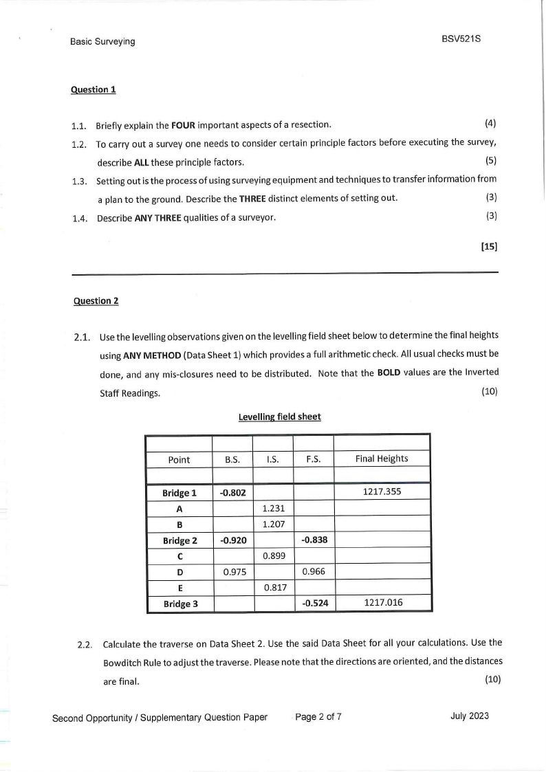 BSV521S - BASIC SURVEYING - 2ND OPP - JULY 2024 :: NUST past ...
