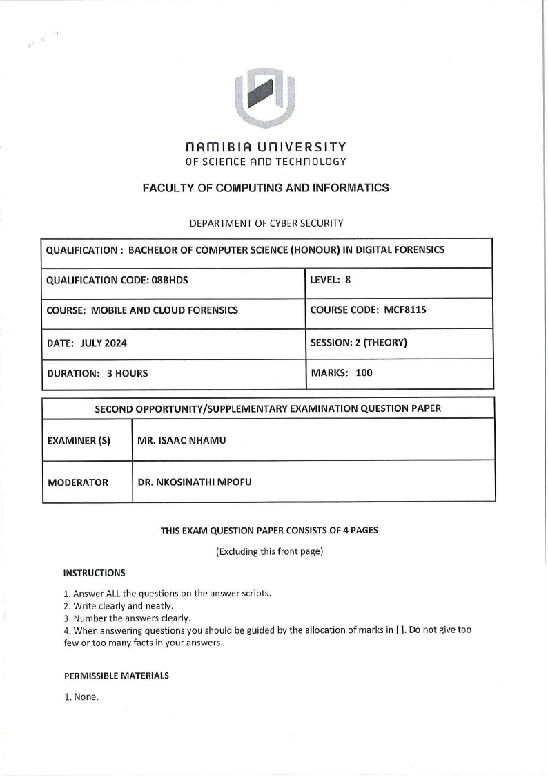 MCF811S - MOBILE AND CLOUD FORENSICS - 2ND OPP - JULY 2024 :: NUST past ...